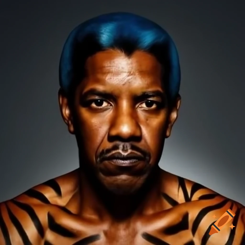 Muscular man with tiger-style makeup and bold colors on Craiyon