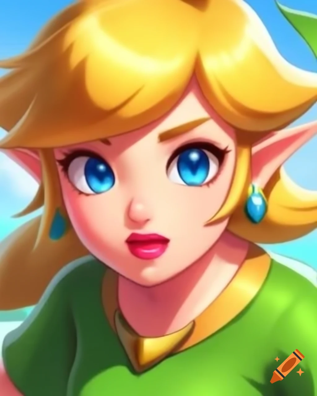 Link in green tunic and Princess Peach with long blonde hair and makeup on Craiyon