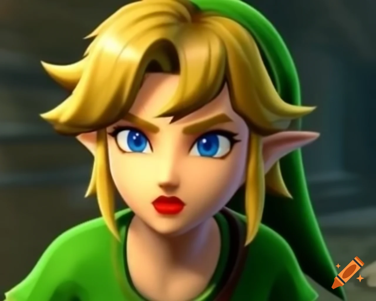Link in green tunic next to Princess Peach with long blonde hair and bold makeup on Craiyon