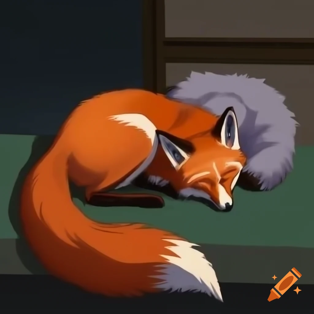 Anime fox laying on counter from above view, showcasing fur and tail on ...