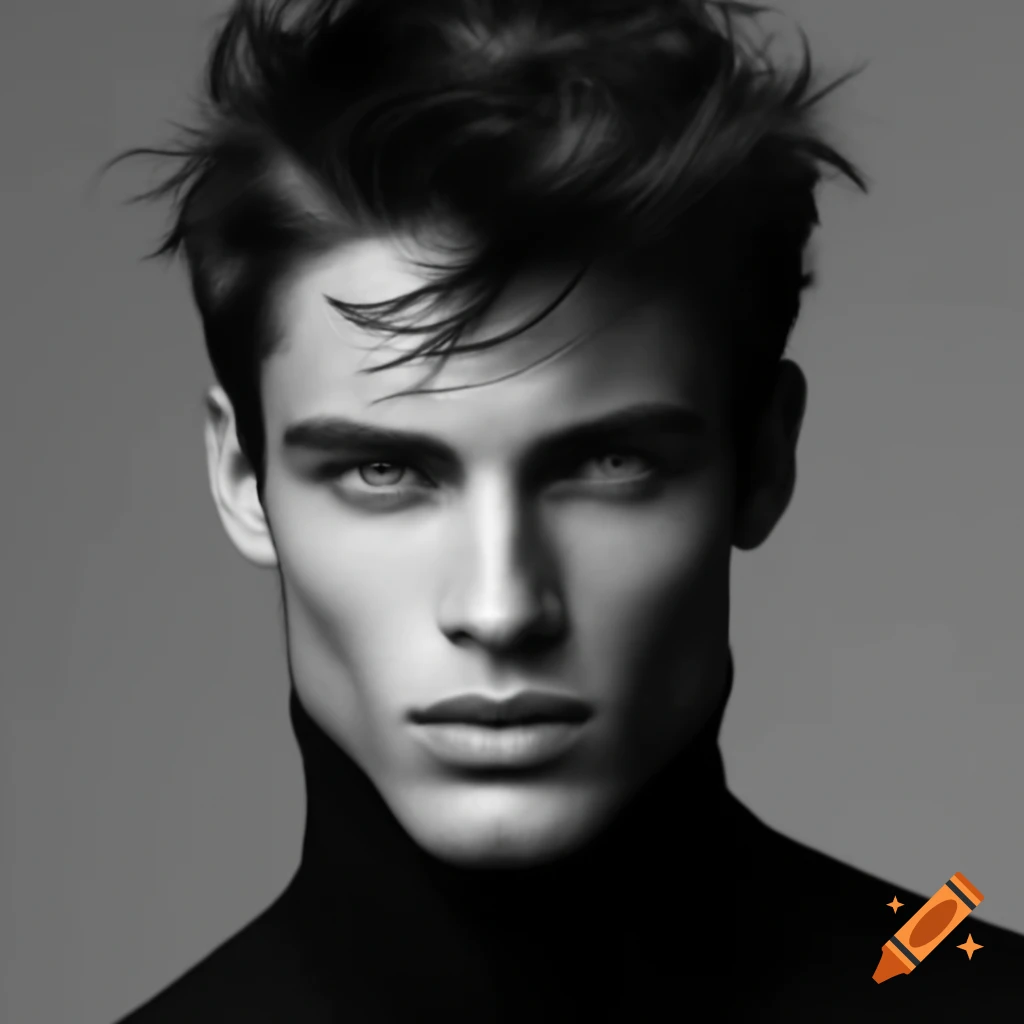 Spanish male supermodel posing confidently, high contrast, asymmetric ...
