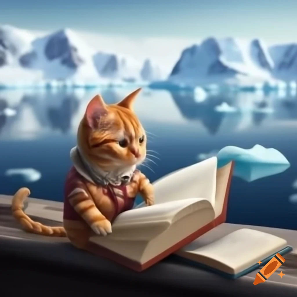 Ginger cat reading book about rats on icebreaker bridge approaching ...