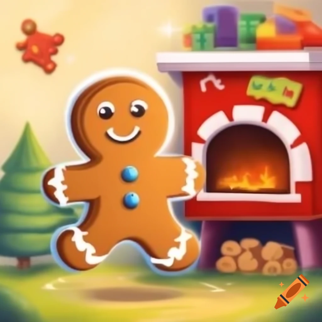 Gingerbread man jumping out of oven, surprising smiling old woman in ...