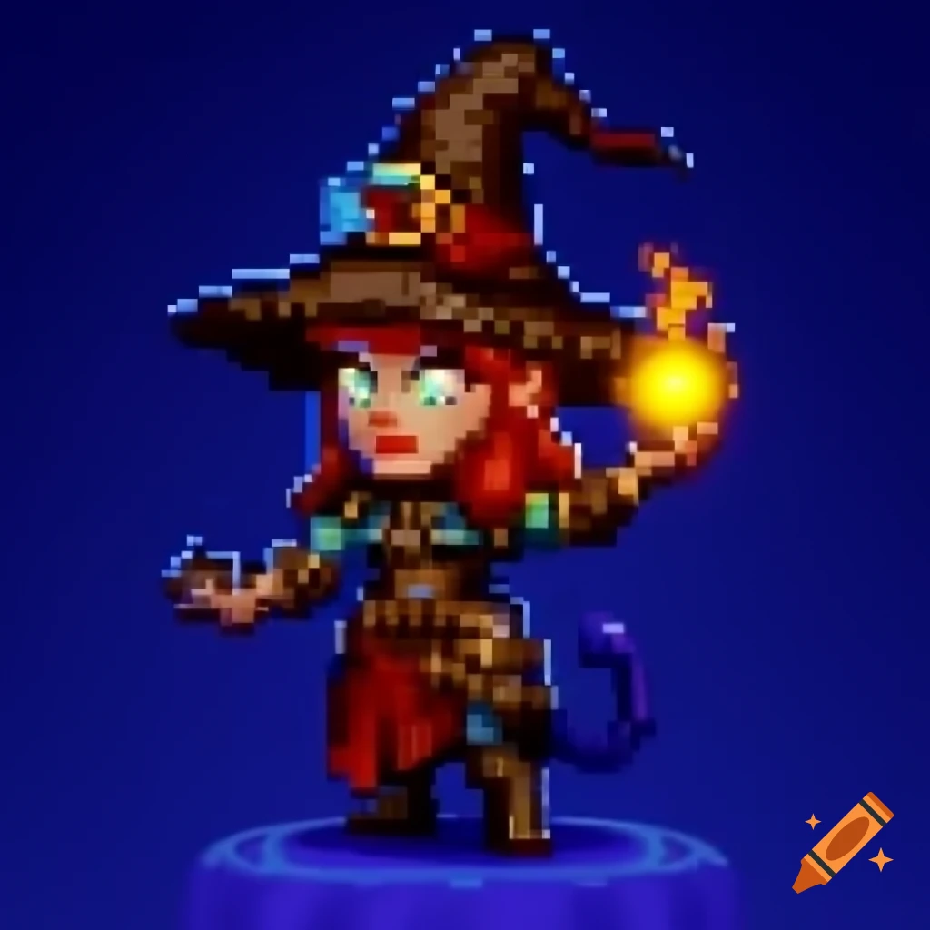 Pixel art female mage with pointy hat and magic staff on Craiyon