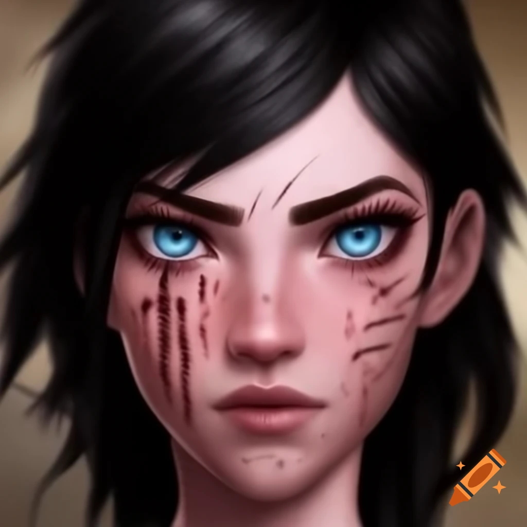 Woman with claw mark scars on face, black hair and blue eyes on Craiyon
