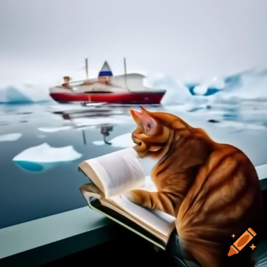 Ginger cat reading book about rats on icebreaker bridge approaching ...