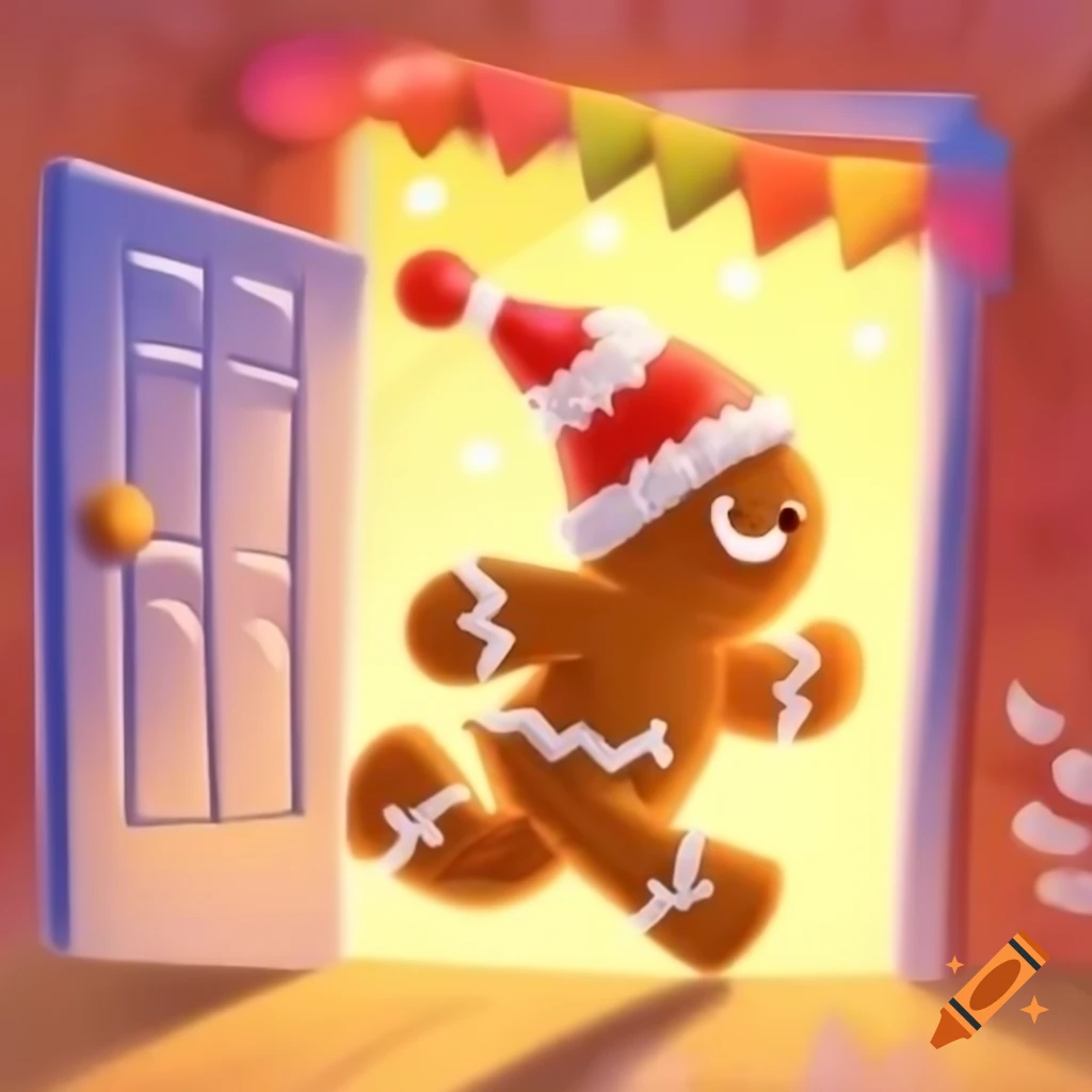 Gingerbread man running out the door in bright cartoon style on Craiyon