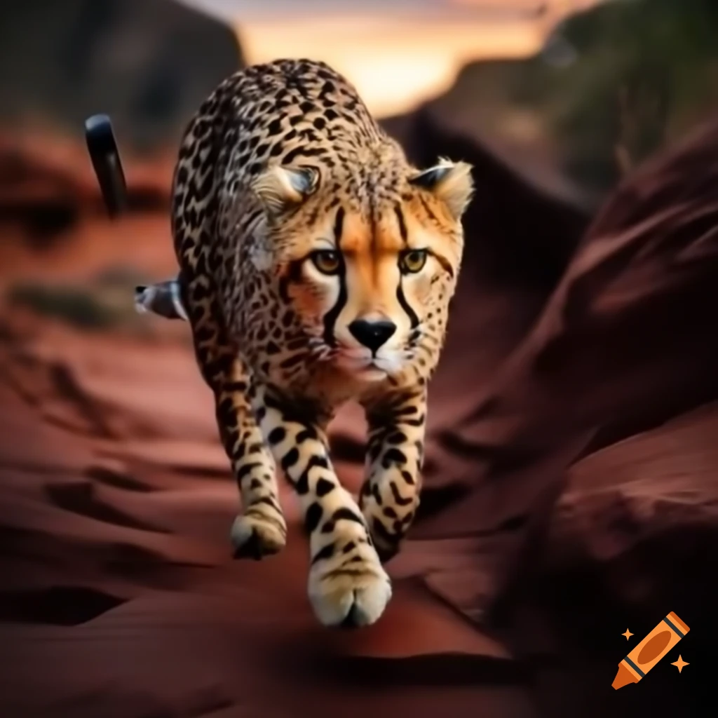 Cheetah navigating rocky canyon at dusk, spotted coat blending into ...