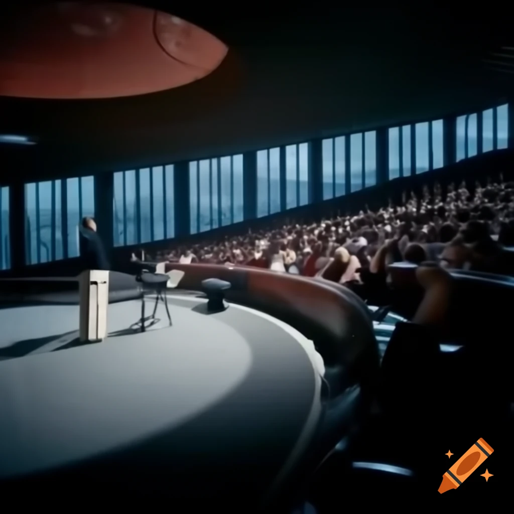 Lecture hall filled with audience listening to speaker in tuxedo, bright and colorful setting on ...