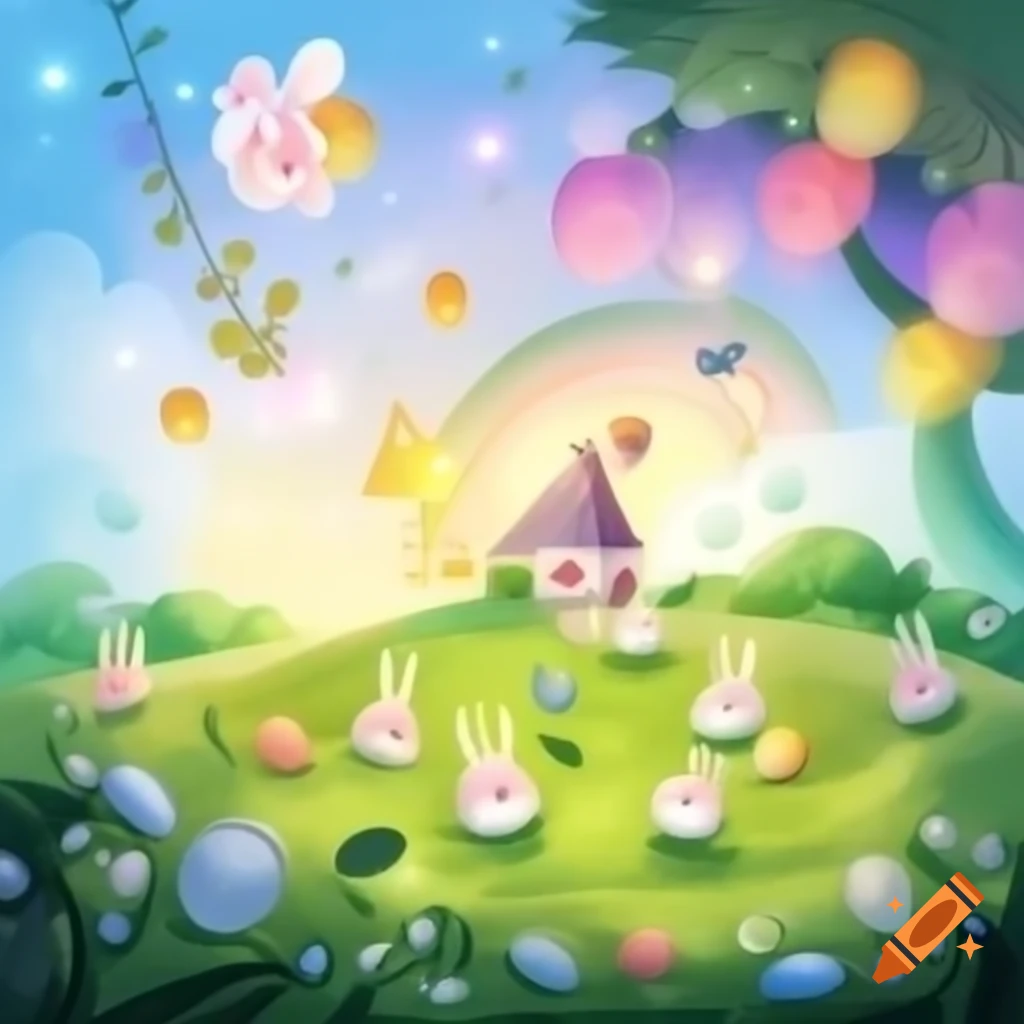 Magical Easter wonderland with meadows, blooming flowers, hidden eggs ...
