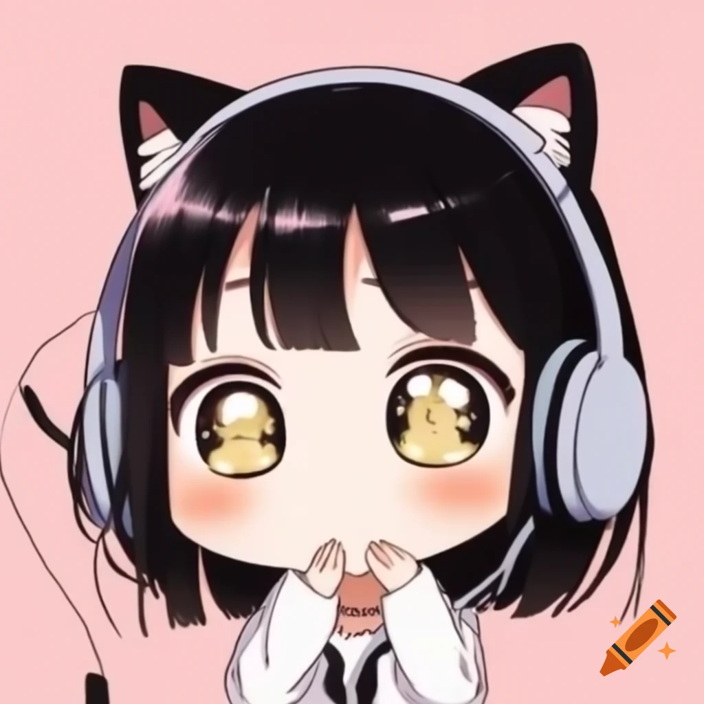 Anime chibi girl with cat ears and short black hair enjoying music on ...