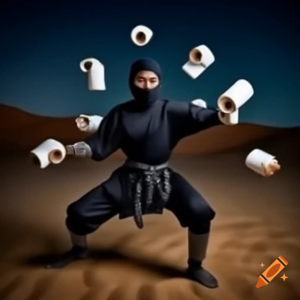 Ninja juggling toilet rolls in the desert at night on Craiyon