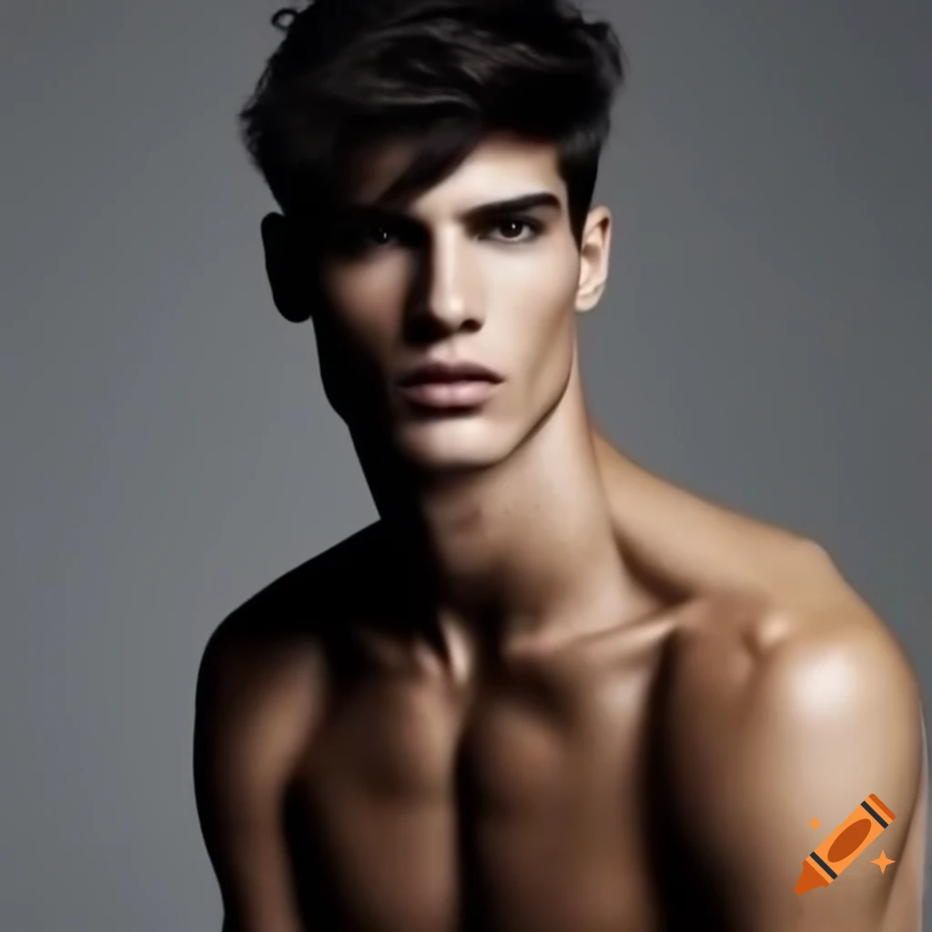 Confident Spanish male supermodel in high contrast, asymmetric pose on ...