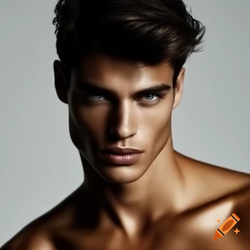 Confident Spanish male supermodel in asymmetric pose with high contrast ...