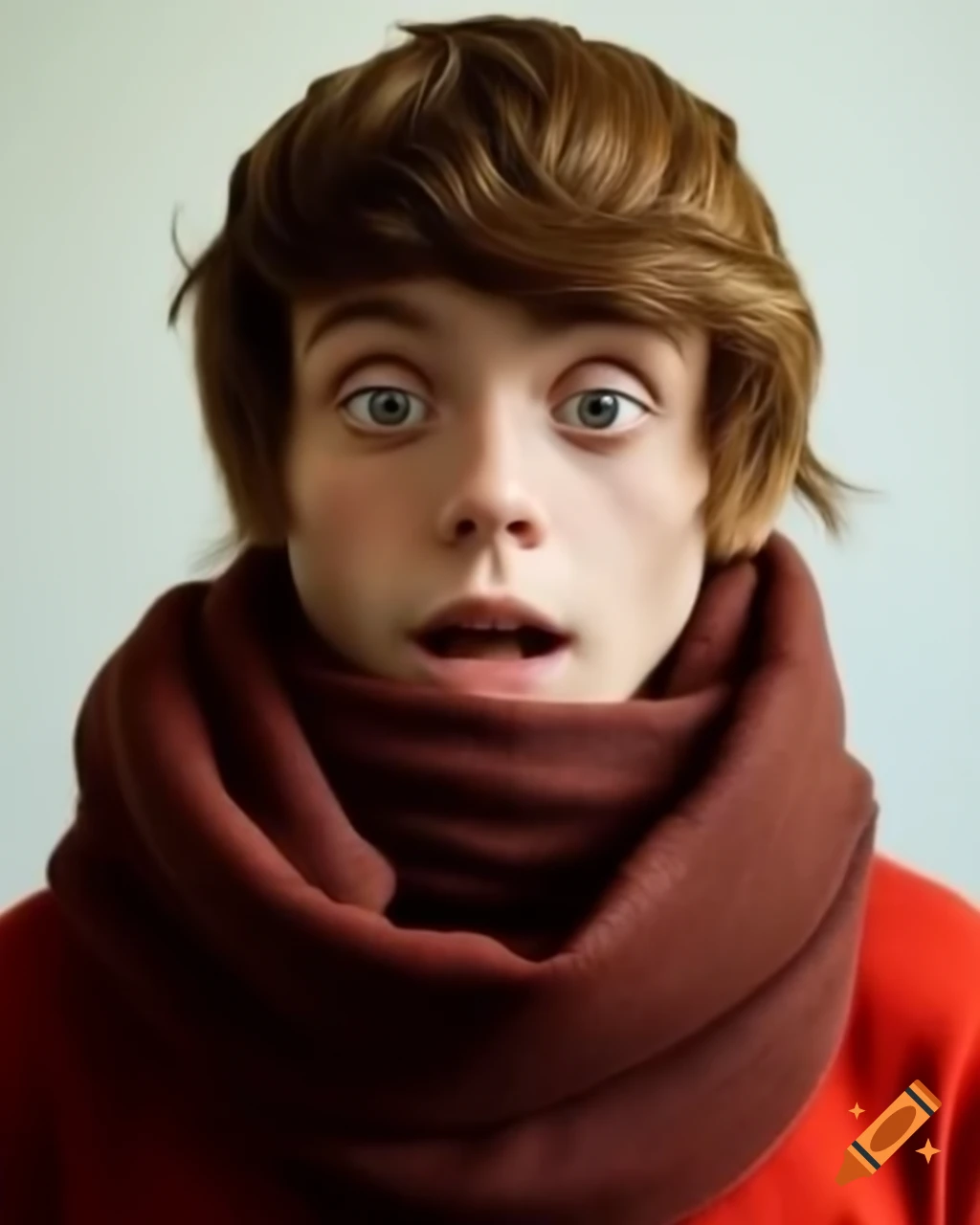 Bright and realistic portrait of man with brown hair wearing a scarf and red clothing on Craiyon