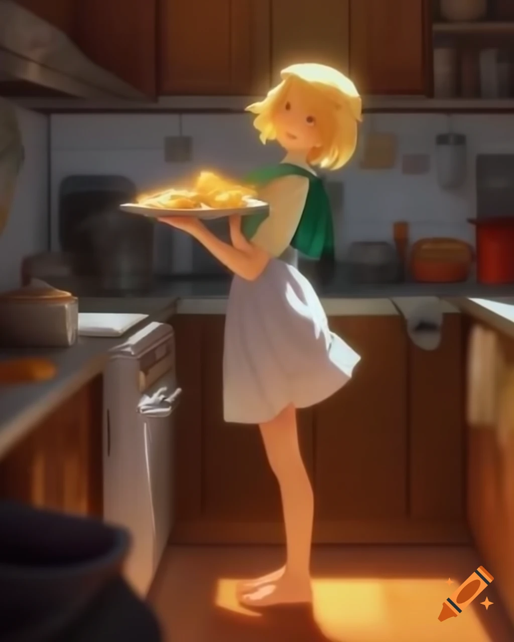 Shy light-skinned blonde girl cooking in kitchen surrounded by others ...
