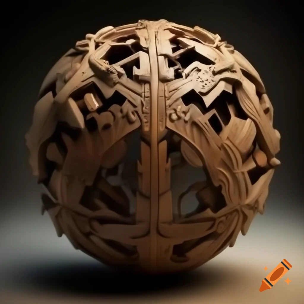 Ornate wooden sphere with intricate carvings and high detail on Craiyon