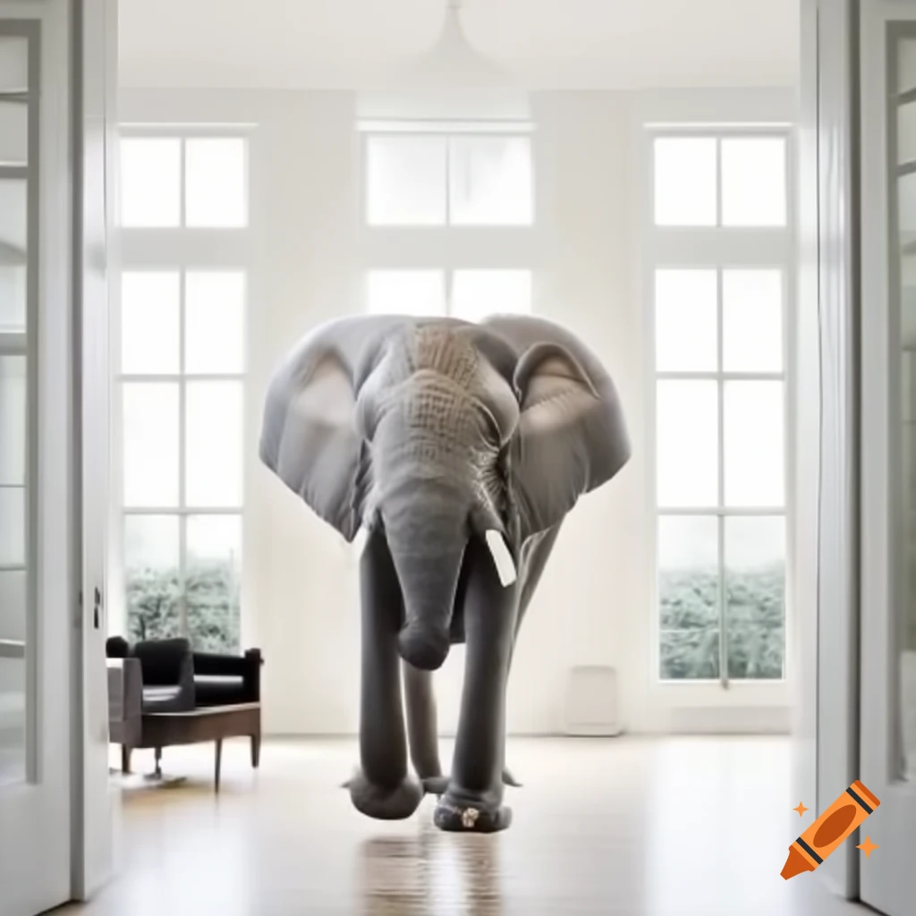 White African elephant in minimalistic living room with high windows on ...