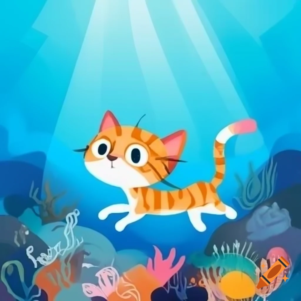 Cat snorkeling surrounded by vibrant marine life, illustrative vector ...
