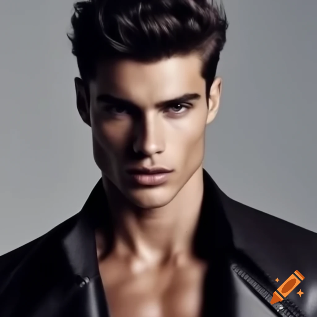 Spanish male supermodel posing confidently in high contrast on Craiyon