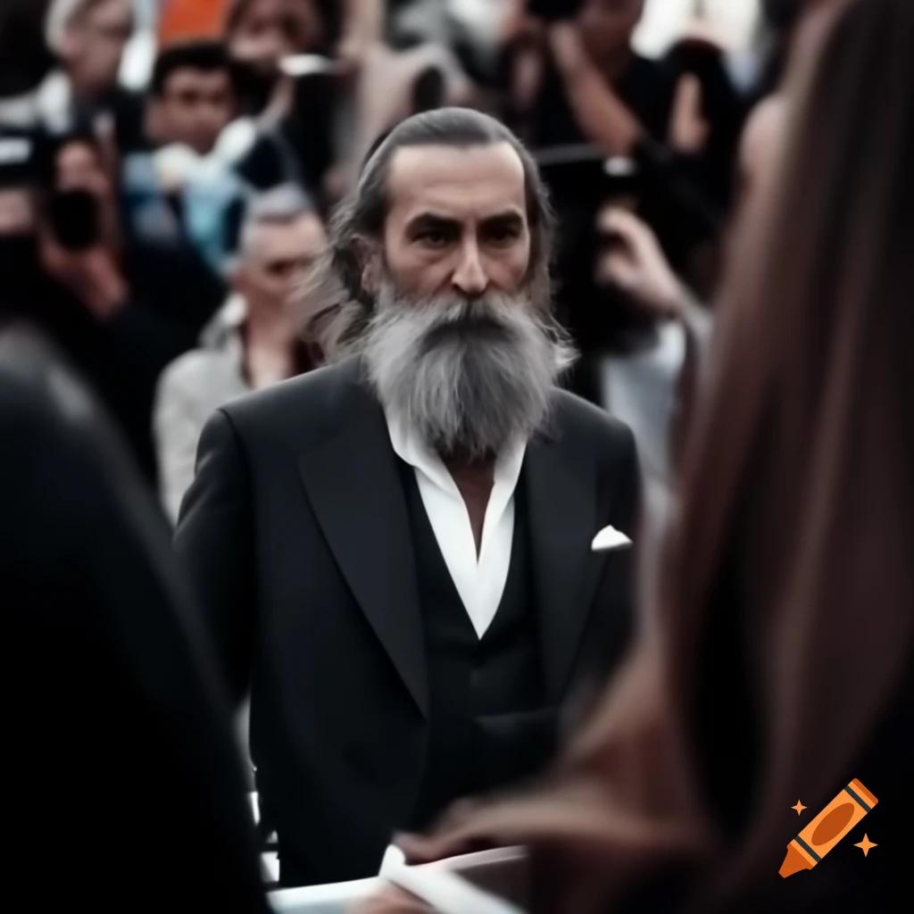 Skinny Italian man in suit speaking to crowd on podium, colorful blur ...