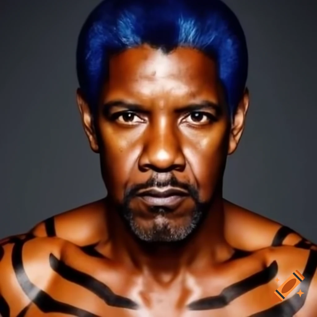 Denzel Washington with tiger-style makeup featuring blue hair and ...