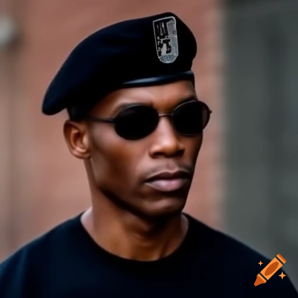 African-American paramilitary member in black attire and sunglasses on ...