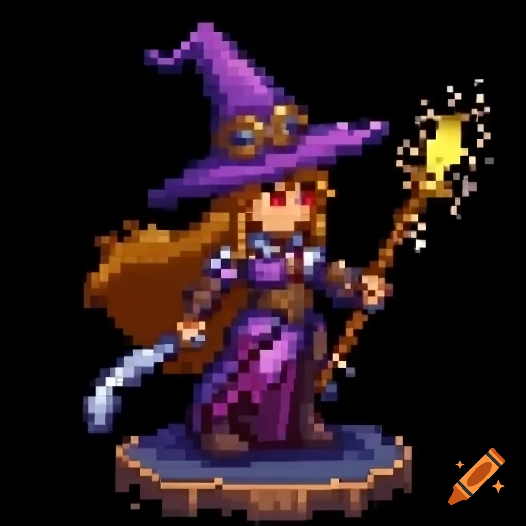 Pixel art female mage with pointy hat and magic staff on Craiyon