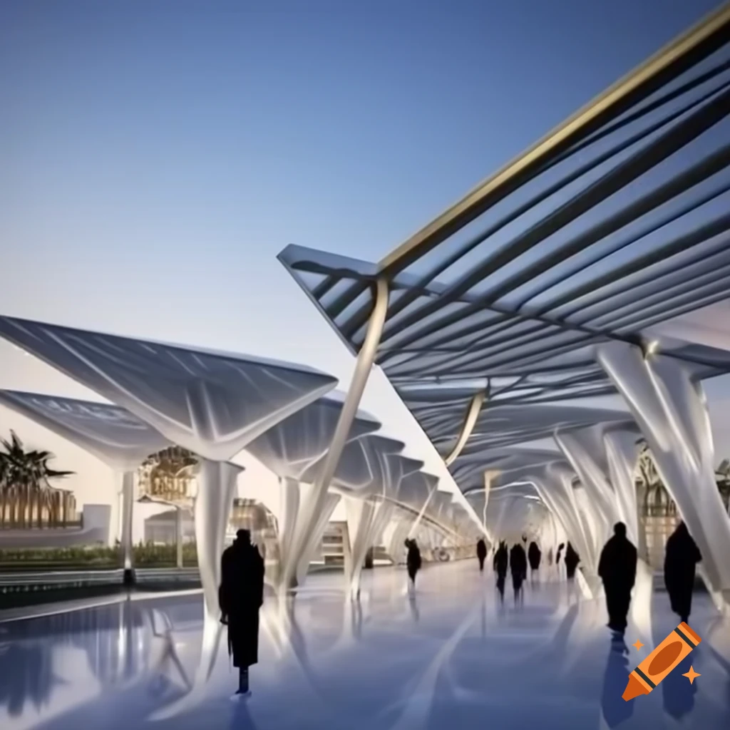 Modern pedestrian walkway in Dubai with glass canopies and solar cells ...