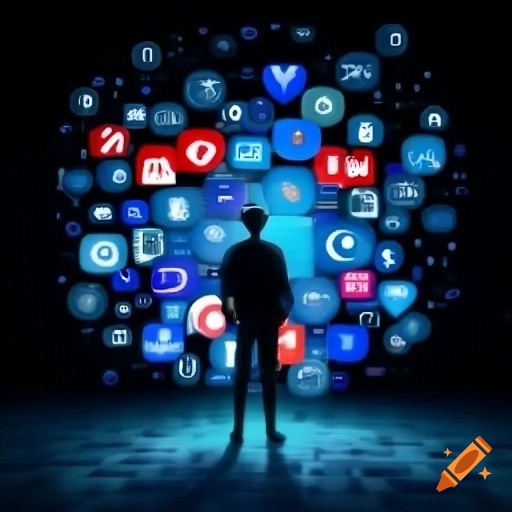 Person facing large screen of social media icons in dark background ...