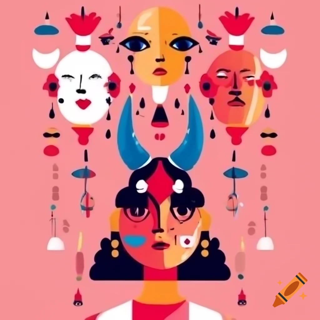 Surreal artwork of a woman with three faces and multiple eyes ...