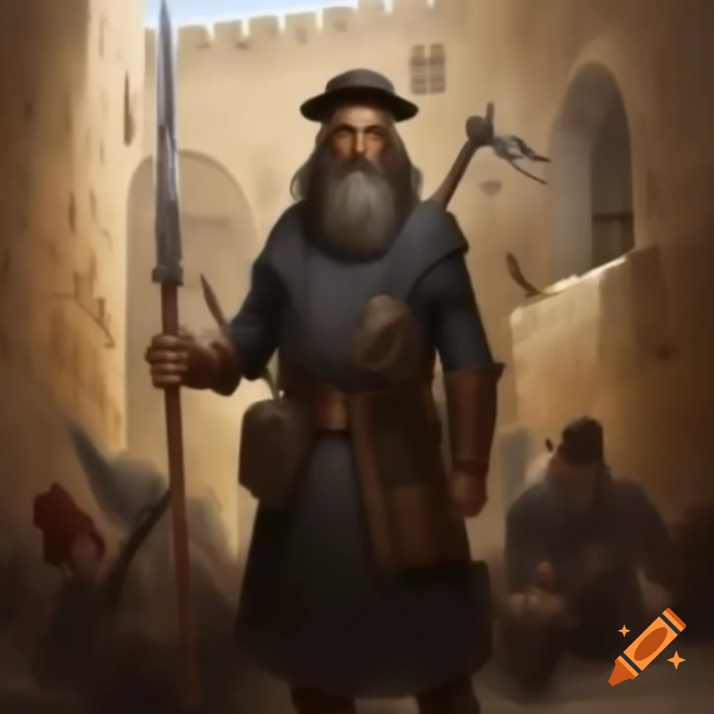 Jewish warrior with sword and spear near old city walls of Jerusalem on ...