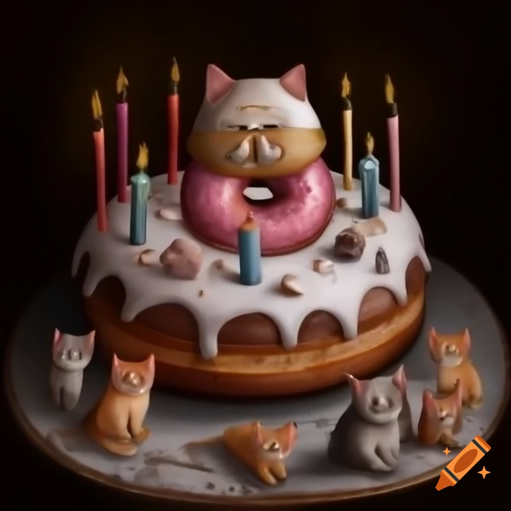 Cute human-donut character surrounded by kittens with birthday cake and ...