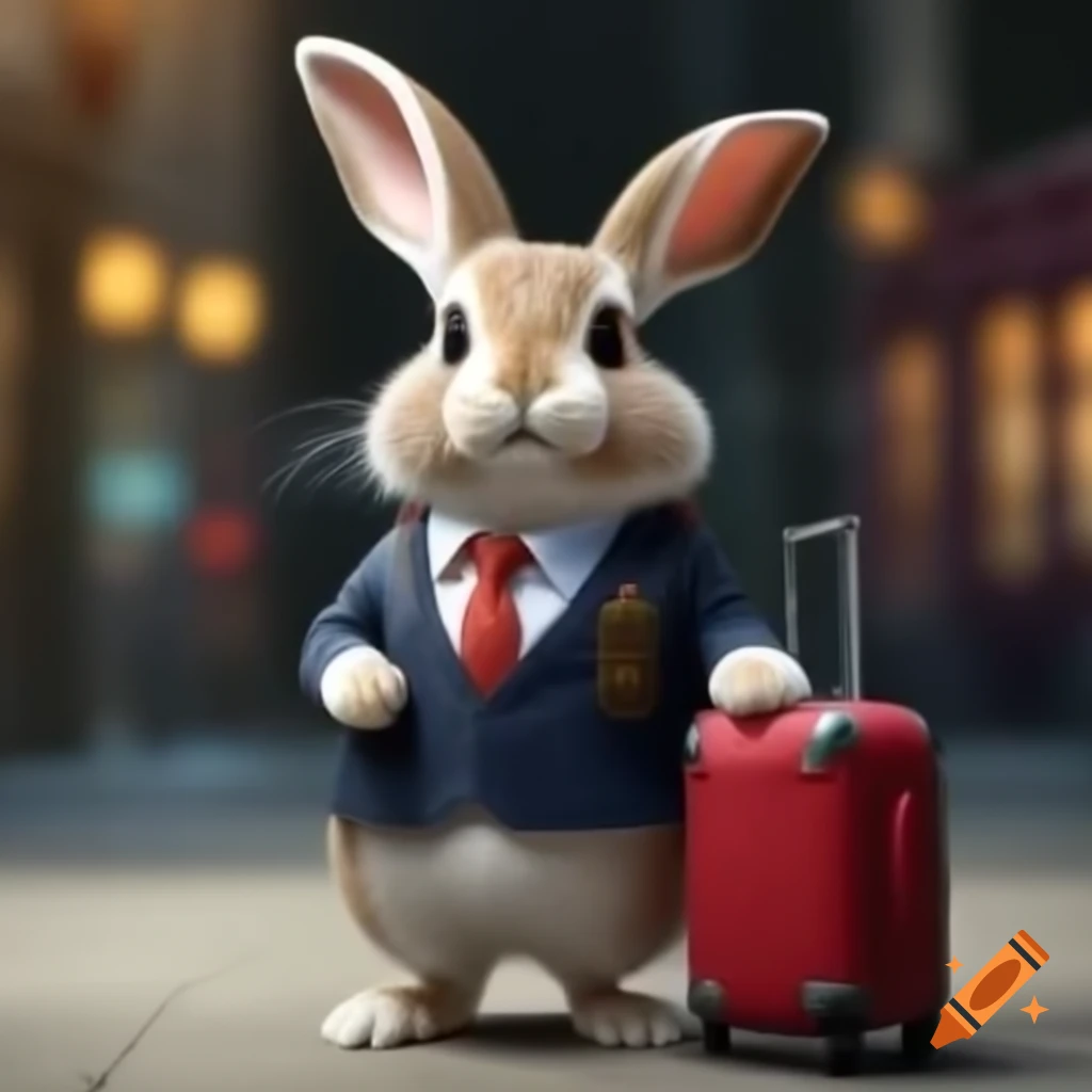 Cute rabbit in a suit walking in the city with a suitcase on Craiyon