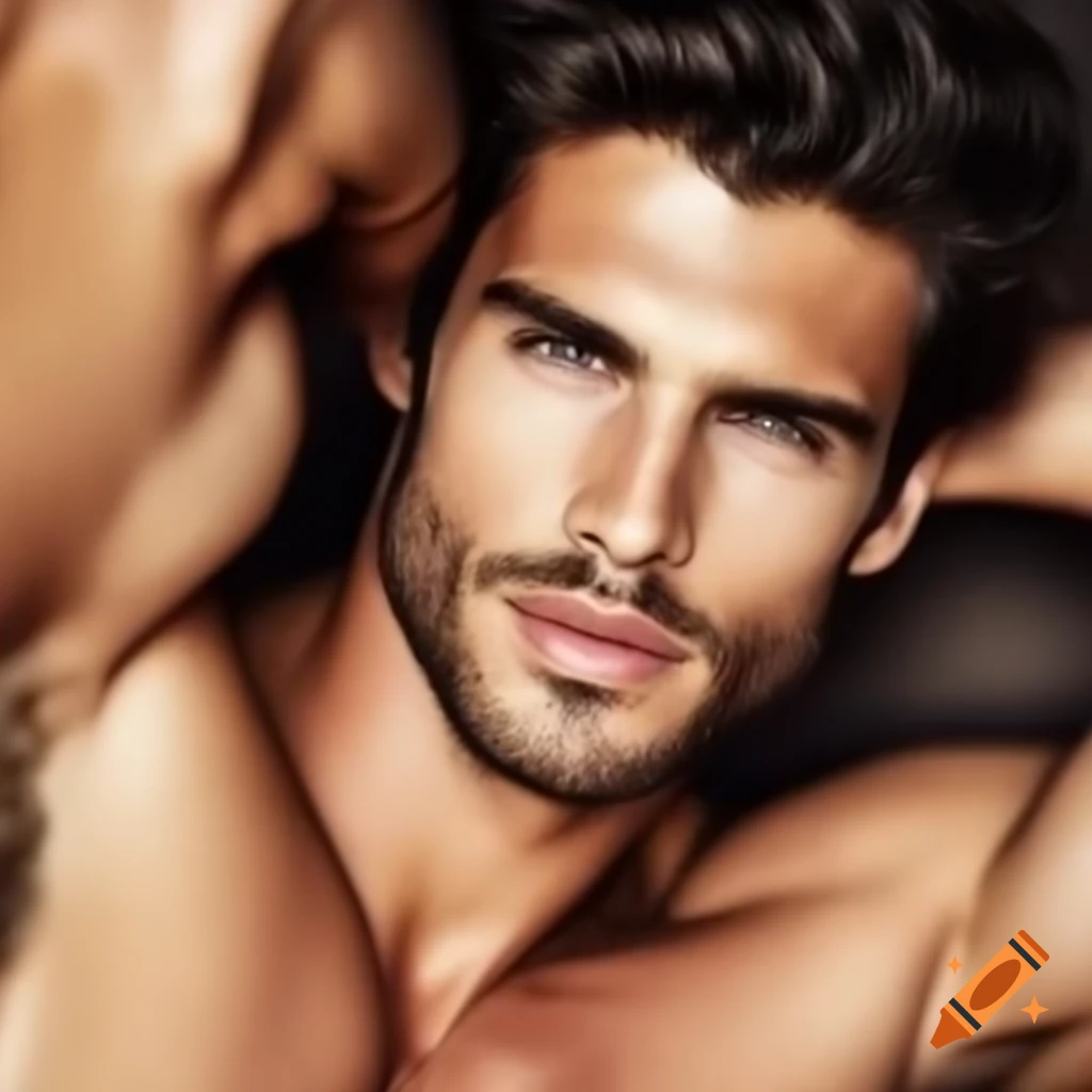 Confident Spanish male supermodel with relaxed smile and shiny skin in ...