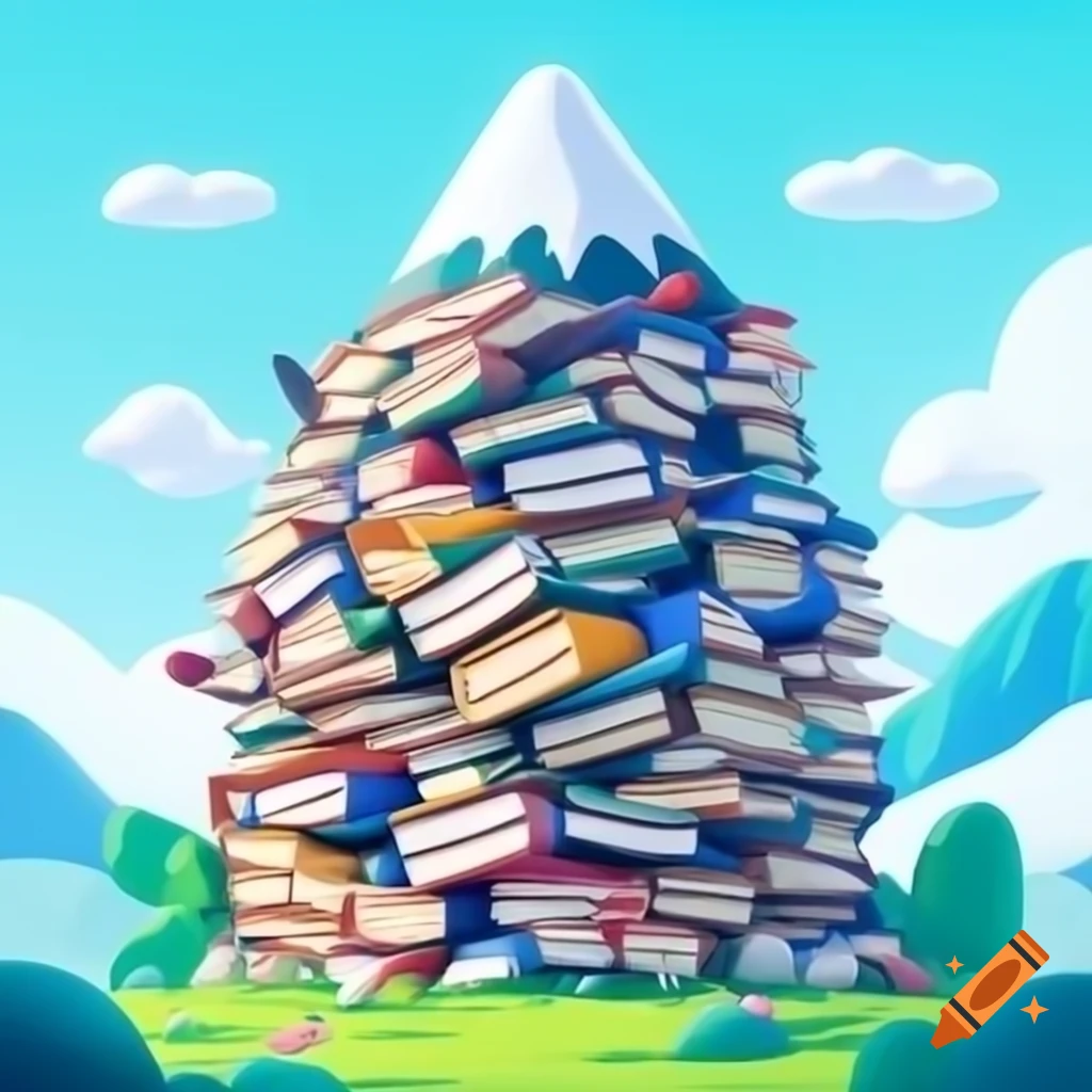 Cartoon style giant pile of homework resembling a mountain on Craiyon
