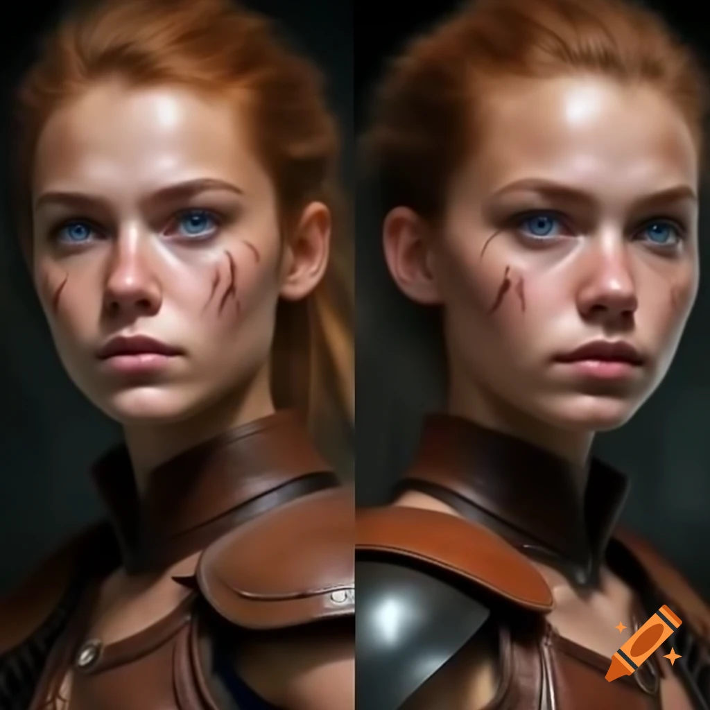 Two young warrior women with scars and blue eyes in leather armor on ...
