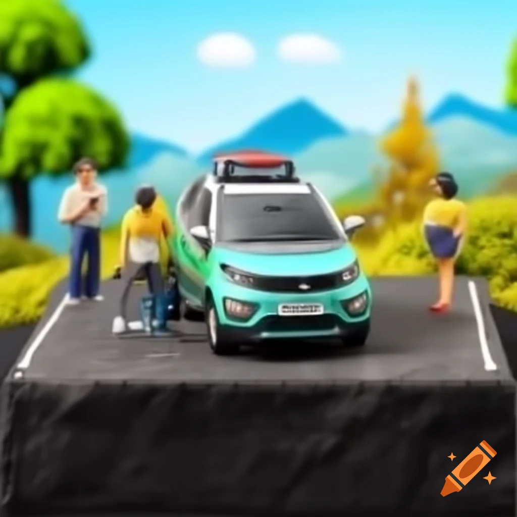Miniature diorama of Tata Punch car with family on mountain road on Craiyon