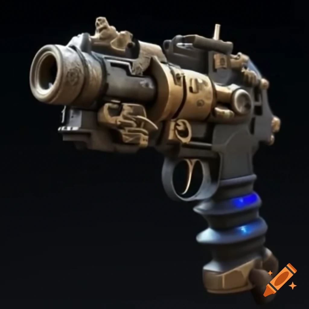 Steampunk laser pistol with cables and gears, featuring blue LED on Craiyon