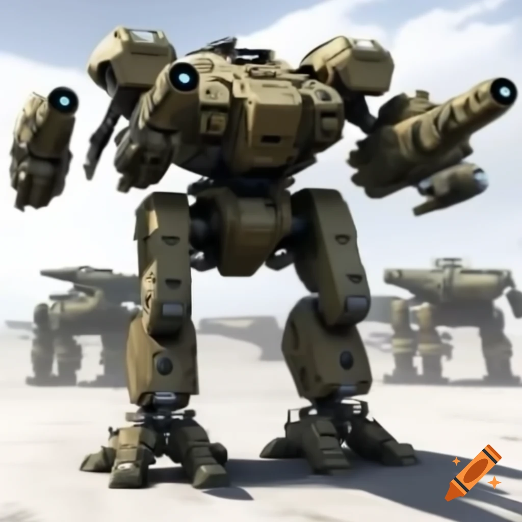 Powerful bulky battle mech with angular lines and military-inspired ...