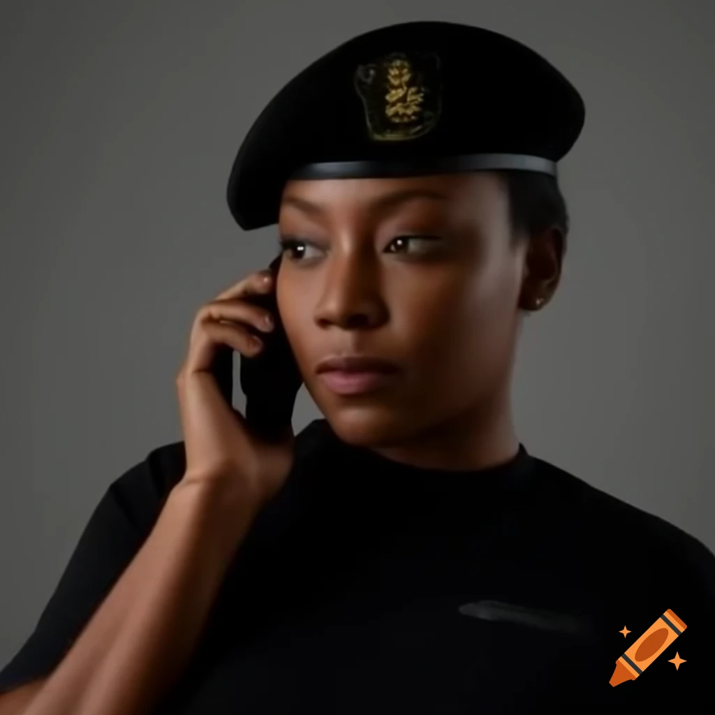 African-American female paramilitary member in black attire using cell ...