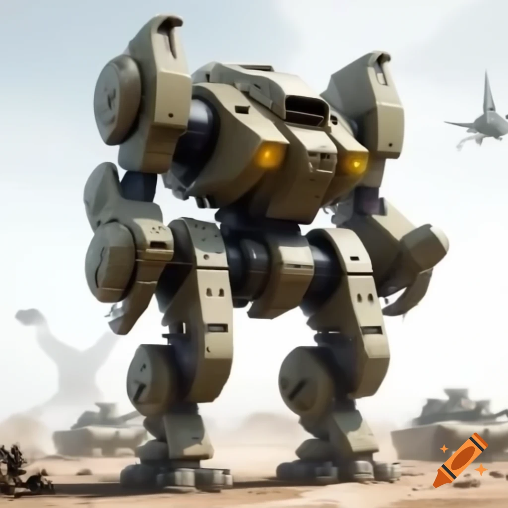 Heavily armored bipedal battle mech with angular design and weapon pods ...