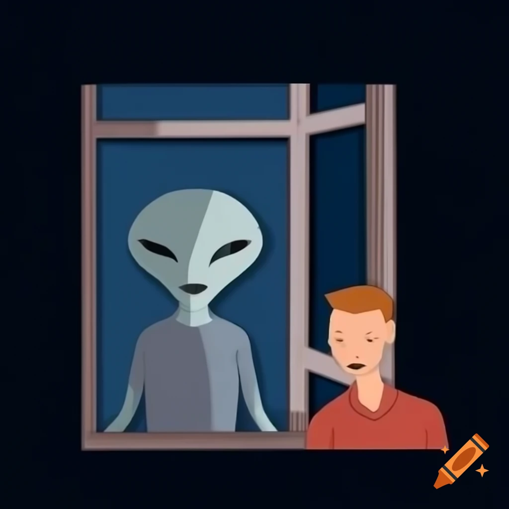 Angry grey alien staring through window at night on Craiyon