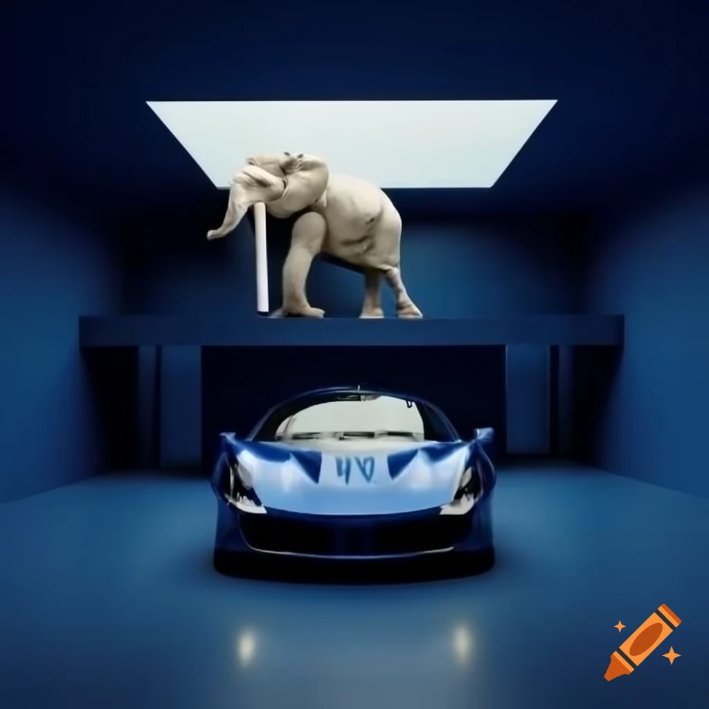 African elephant breaking through ceiling in modern house with Ferrari ...