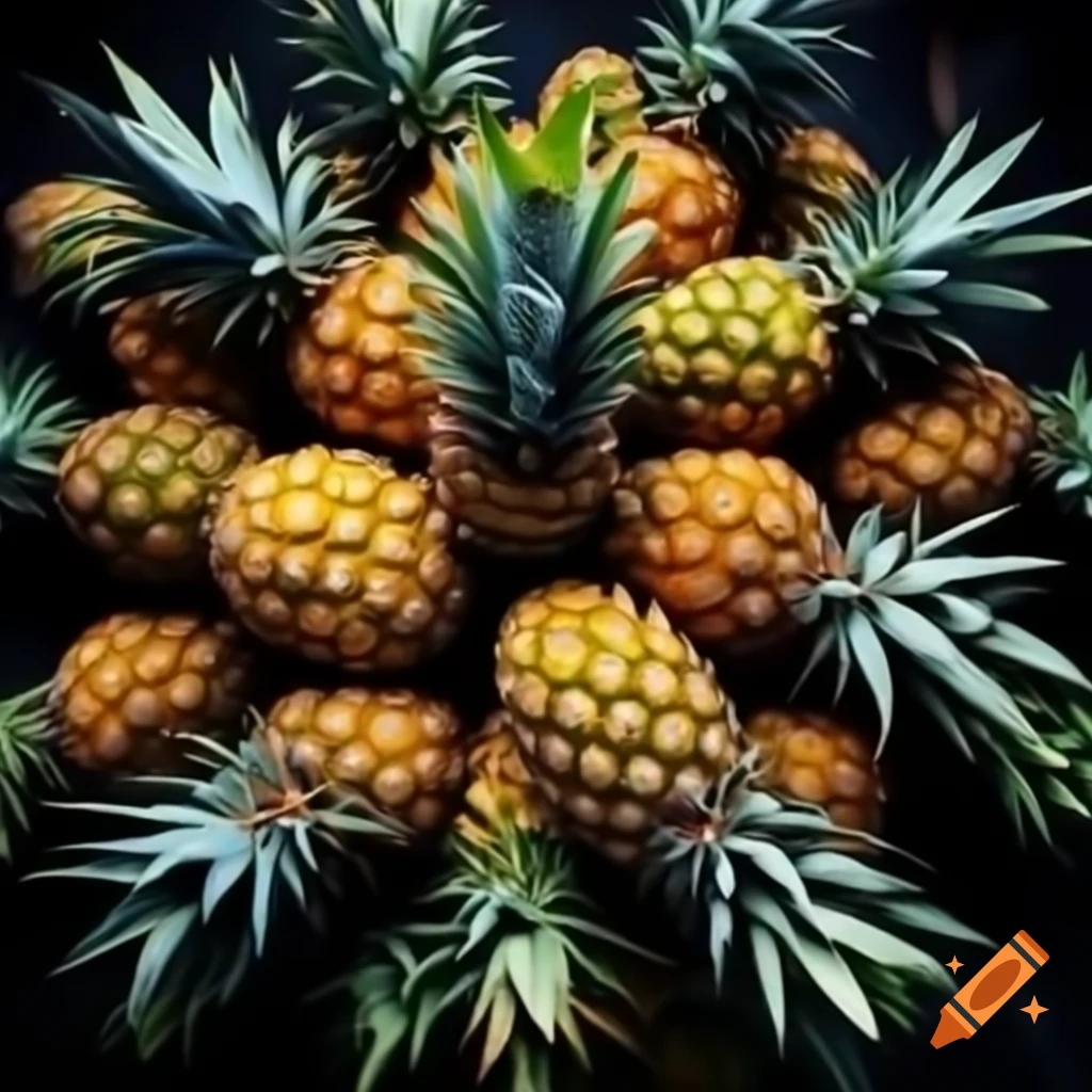 Close-up overhead view of overflowing ripe pineapples on Craiyon