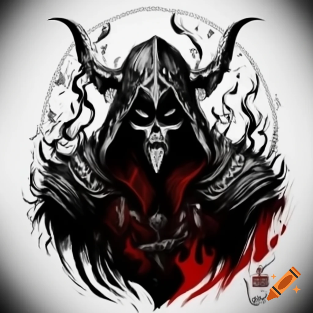 Evil reaper fantasy portrait in pen and ink with fire and axe on Craiyon