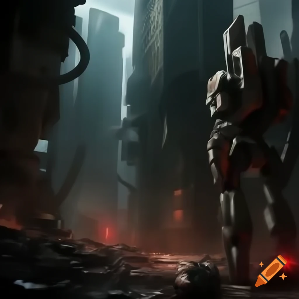 Futuristic cyberpunk city with destroyed structures and cyborgs under ...