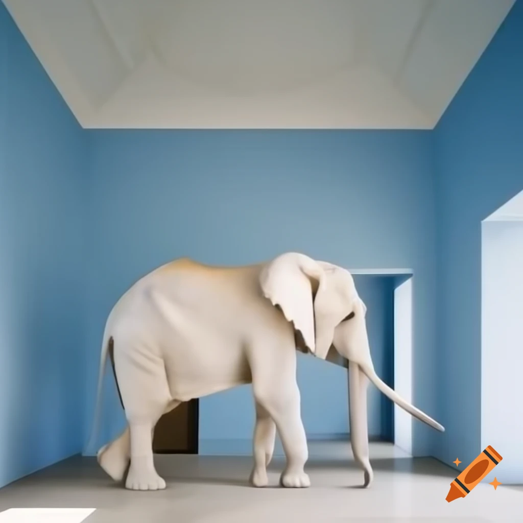 White African elephant inside minimalistic blue house with high ...