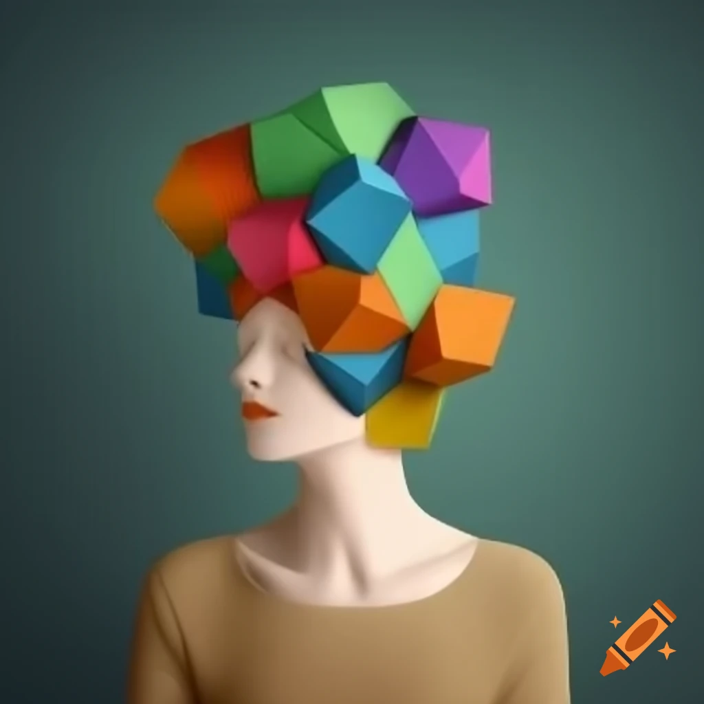 Girl with colorful cubes on her head against a background of melting ...