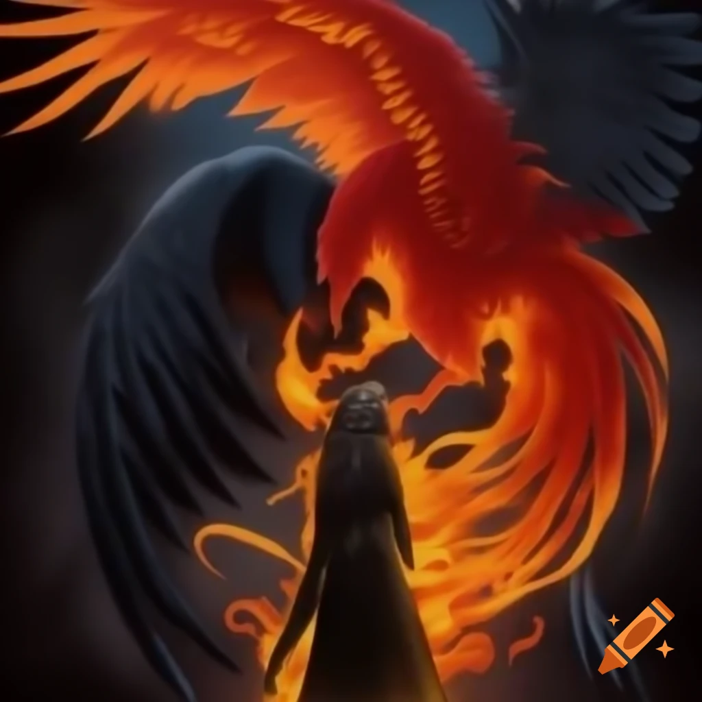 Raven and phoenix with a Celtic woman in artistic composition on Craiyon